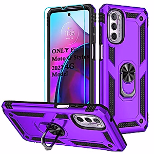 Androgate Moto G Stylus 2022 4G Case - Military-Grade Metal Ring Kickstand, 15ft Drop Tested, Shockproof with HD Screen Protector, Purple