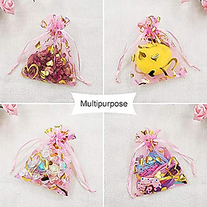 SumDirect 100Pcs 3.5x4.7 inch Sheer Pink Drawstring Heart Organza Favor Gift Bags Wedding Party Christmas Jewelry Pouches