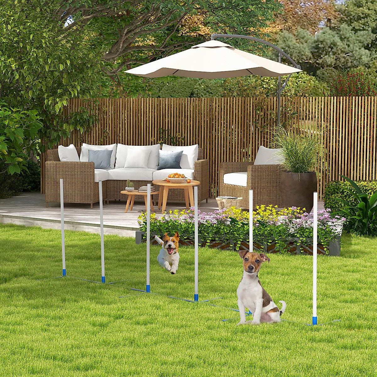 PawHut Adjustable Dog Agility Training Obstacle Course Set with Weaves Poles Storage Bag for Pet Dogs Outdoor Games Exercise