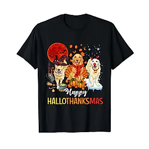 Cute Golden Retriever Happy Hallothanksmas Halloween Xmas T-Shirt
