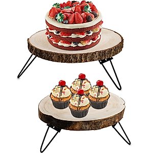 DEAYOU 2 Pack Rustic Wood Cake Stand, 9"/ 12" Round Wooden Cupcake Pedestal, Paulownia Wood Slice Pie Stand with Metal Leg, Wedding Cake Holder Slab Tray for Display, Dessert Table, Candles, Plants