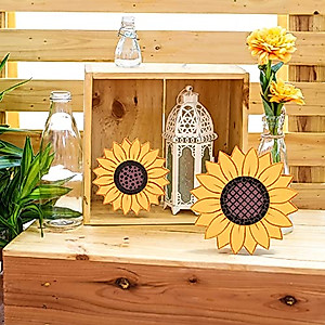MEKOUZON Wood Sunflower Decor, Rustic Figurines Statue Ornaments for Thanksgiving, Set of 2 Wooden Blocks Farmhouse Desk Decorations for Tiered Tray, Shelf, Tabletop Fireplace