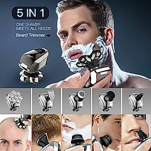 Electric Razor for Men, Upgraded 5-in-1 Head Shavers for Bald Men Faster-Charging Mens Shaver Grooming Kit Head Rotary Shaver with LED Display Waterproof Beard Hair Nose Trimmer Facial Cleaning Brush
