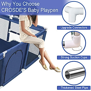 Baby Playpen, Baby Ball Pit with Gate, Safe No Gaps Kids Play Pen Activity Center Play Area w/Breathable Mesh, Non-Slip Suckers, Dark Blue(No Ocean Balls)