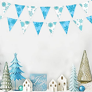 32Ft Blue and White Snowflakes Banner Triangle Flag Pennant Bunting Fabric Garland Streamers for Winter Wonderland Christmas Frozen Birthday X-mas New Years Party Festivals Hanging Decorations