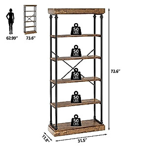 IDEALHOUSE Industrial Bookshelf Wood Bookcase 6 Tier Storage Open Rack Shelf Metal Frame Rustic Tall Standing Bookshelves Large Vintage Display Rack for Bedroom,Living Room and Home Office