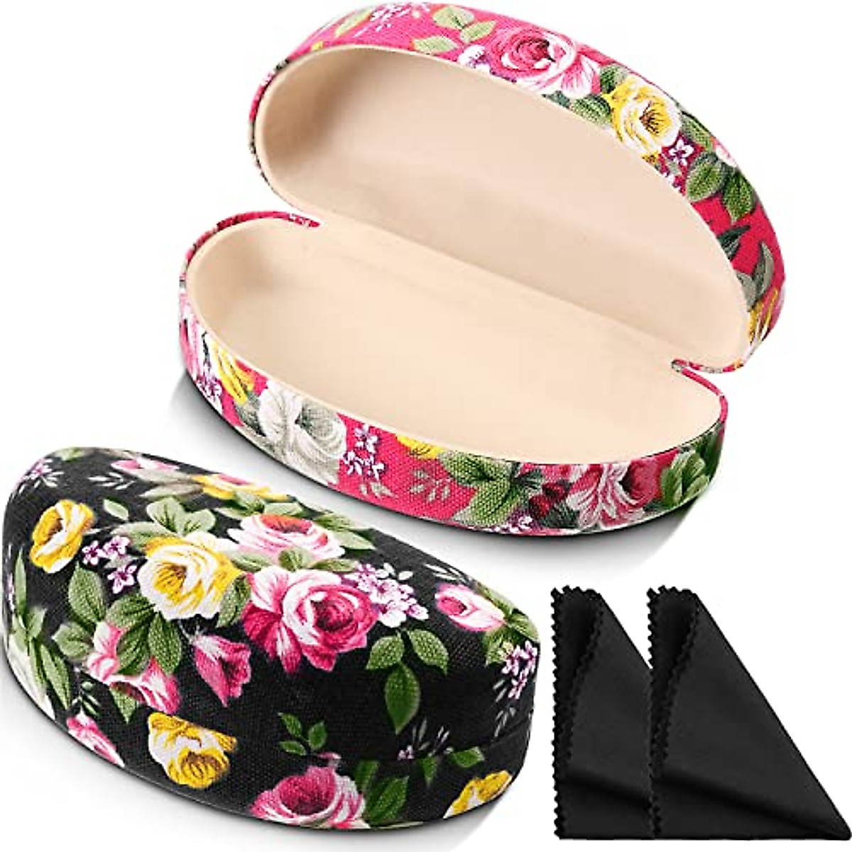 2 Pieces Oversized Hard Shell Sunglasses Case Spectacle Case Box Portable Hard Eyeglass Case Fabrics Floral Eyeglass Case with Clean Cloth