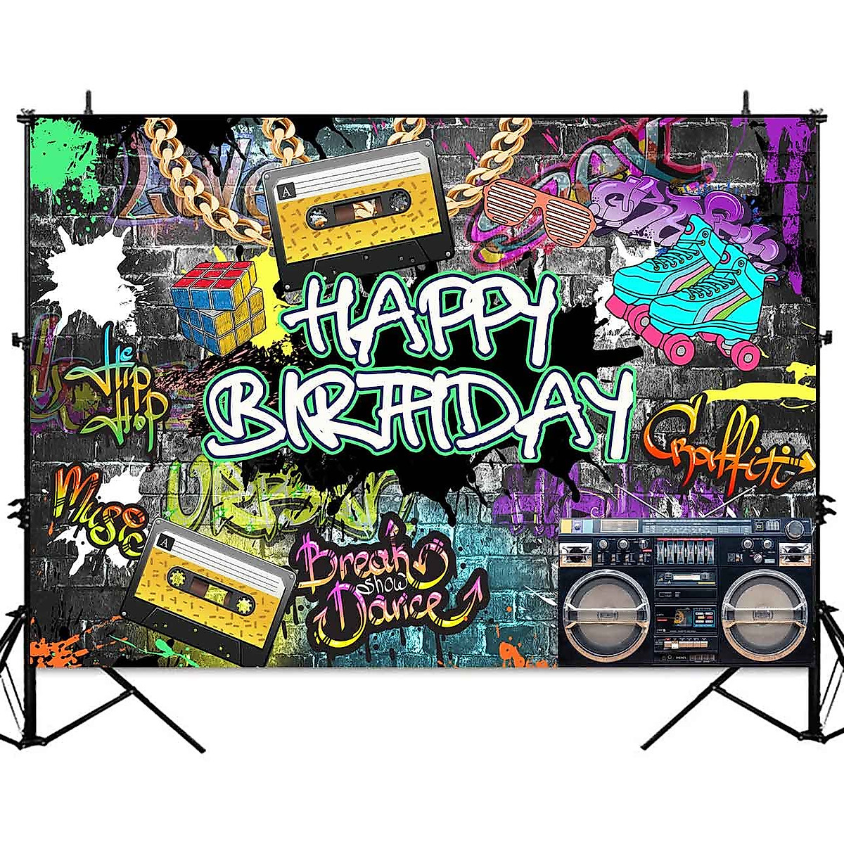 Sensfun Graffiti 80's 90's Birthday Backdrop Urban Retro Hip Hop Birthday Party Background Gold Chain Glasses Cartridge Tape Recorder Disc Rock Birthday Decoration Banner Photo Booth Props 7x5ft