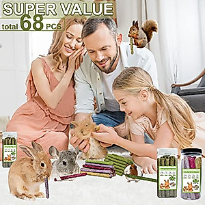 AKLHLKK 68PCS Rabbit Chew Toys, Natural Timothy Hay Sticks Guinea Pig Chews for Teeth Hamster Molar Treats Snacks Accessories for Bunny, Chinchillas, Rats, Gerbils and Other Small Animals