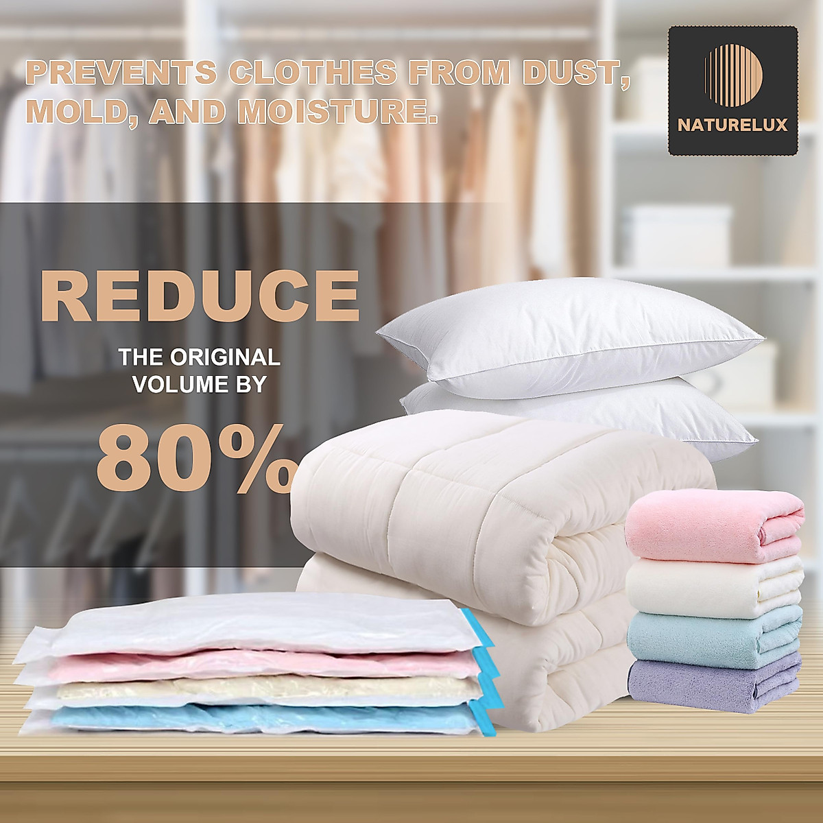 NATURELUX Vacuum Storage Bags, 20-Pack Space Saver, Zipper Vacuum Sealed Bags for Clothing, Clothes, Comforters and Blankets,Hand Pump Included (4 Jumbo/4 Large/4 Medium/8 Small)