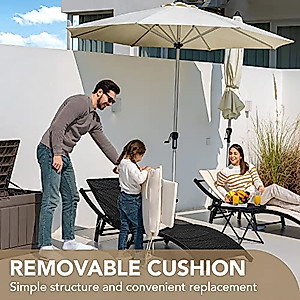 Devoko Patio Chaise Lounge Sets Outdoor Rattan Adjustable Back 3 Pieces Cushioned Patio Folding Chaise Lounge with Folding Table (Beige)