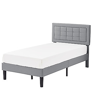 VECELO Twin Size Bed Frame with Adjustable Headboard, Upholstered Button Tufted Platform Bedframe with Wood Slats Support, No Box Spring Needed, Moon Grey