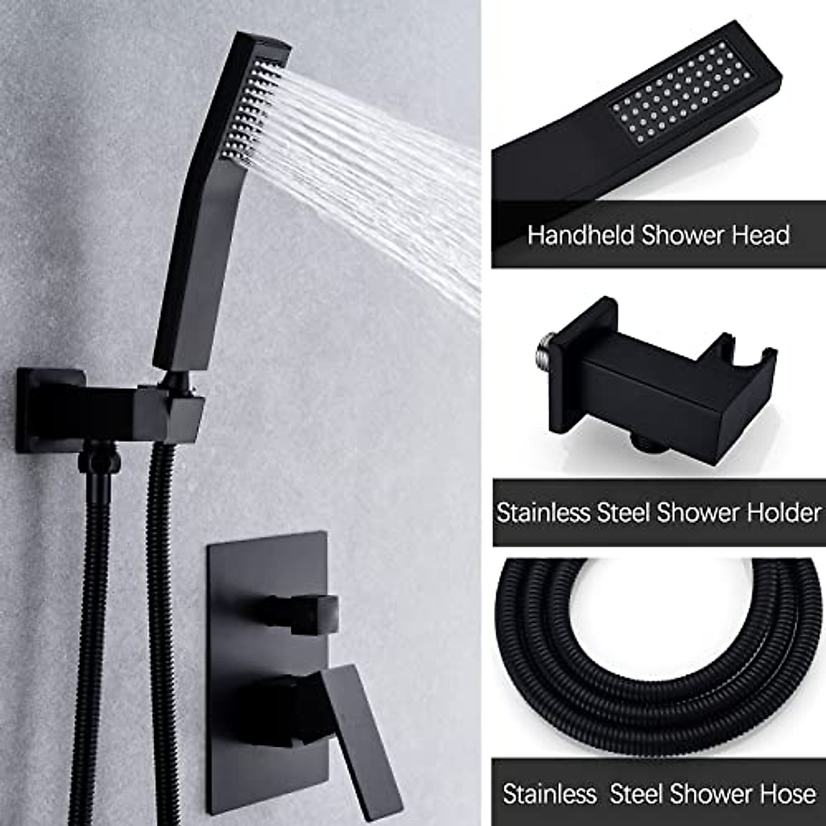 HEGII Shower System Combo Set,15 Inch Wall Mounted Shower Arm,10 inch Rainfall Shower Head System Shower Faucet Rough-in Valve Body and Trim Included,Matte Black