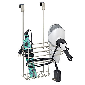 mDesign Metal Bathroom 2 Section Storage Tool Organizer Basket Tray - Hang Over Cabinet Door - Storage for Hair Dryer, Straightener, Curling Iron, Styling Products - Concerto Collection - Satin