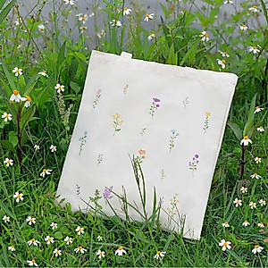 Kazova Floral Cotton Canvas Tote Bag Minimalist Bouquet Aesthetic Tote Bag Reusable Canvas Shopping Wildflower Botanical Flower Tote Bag gift for her
