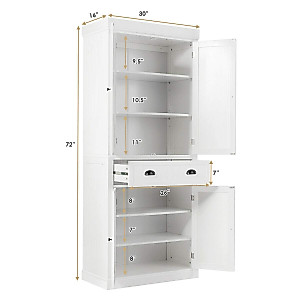 Huippy 72 inch Double Door Cupboard Freestanding Kitchen Pantry Cabinet with Four Adjustable Shelves and One Large Drawer for Kitchen Living Room Bedroom Hallway Home Office Storage (White)