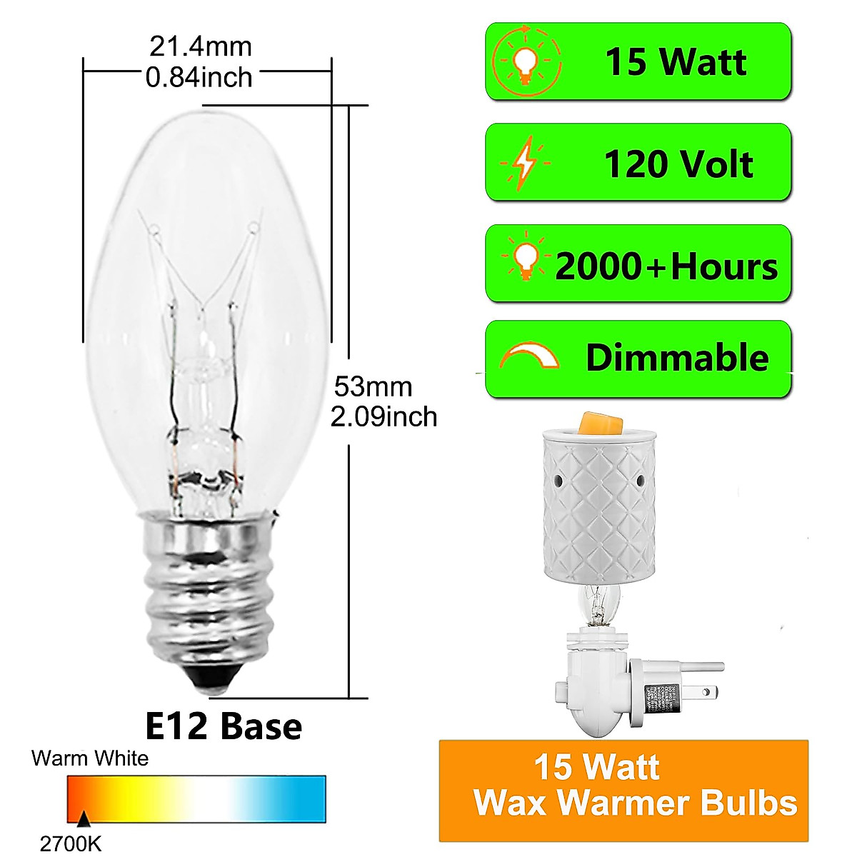 Wax Warmer Bulbs,15 Watt E12 Base Light Bulbs for Scentsy Wax Warmer,C7 Replacement Bulbs for Plug in in Wax Diffuser,Warm White-Dimmable -Himalayan Salt Lamp Bulbs,15 Packs