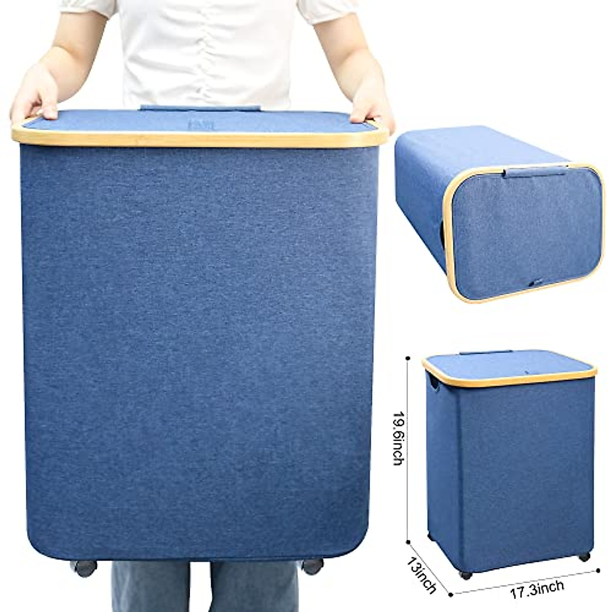 70L Laundry Hamper with Wheels, Collapsible Round Laundry Basket with Lid, Easy Transportation Laundry Organizer with Bamboo Handle for Living Room, Bedroom (Blue)