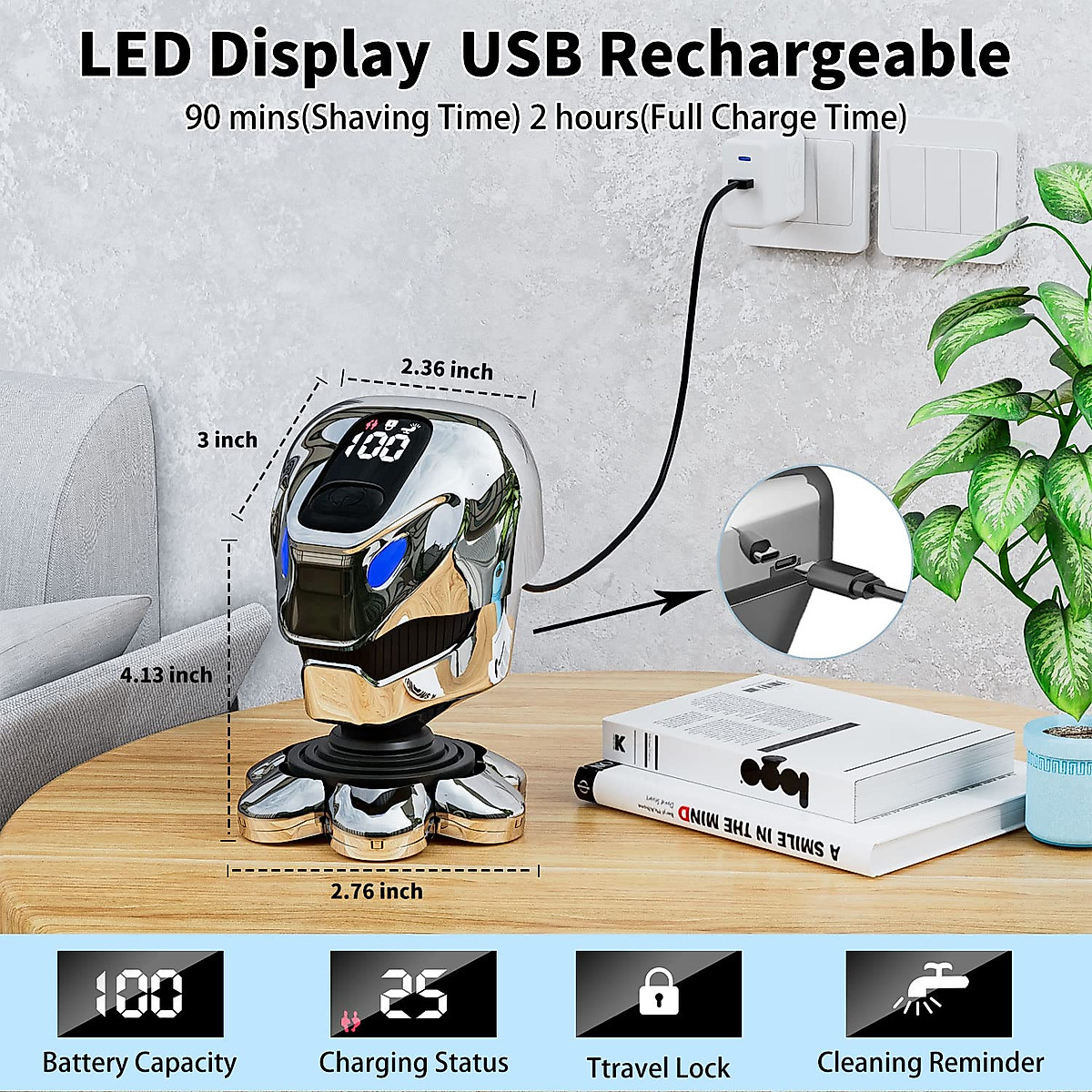 7D Electric Head Shaver for Bald Men, 5 in 1 Electric Rotary Razor Wet and Dry, Grooming Cordless Electric Shavers USB Rechargeable Waterproof, 7D Floating Balding Trimmer with LED Display (Black)