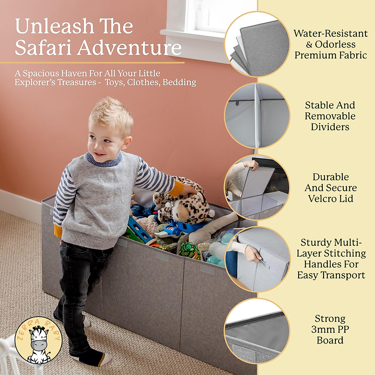 Kids Toy Chest for Boys & Girls - Stylish Versatile Stuffed Animal Holder & Toddlers Toy Organizer Makes Play Room Organization Easy - Made with Strong PP Board - Gray bin with Cationic Fabric