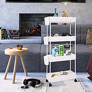 OVAKIA 4-Tier Slim Rolling Utility Cart Storage Shelves Trolley Storage Organizer Shelving Rack with Mesh Baskets/Wheel Casters for Laundry Pantry Bathroom Kitchen Office Narrow Places(White)