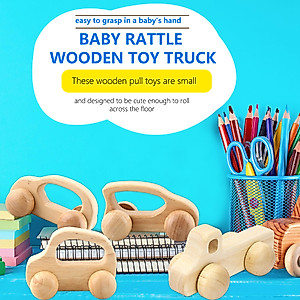 Fahacop 4 Pack Wooden Toy Cars Mini Push Wood Truck Car Natural Wood Toys for Baby Toddler Birthday Gifts Nursery Decoration, 4 Styles