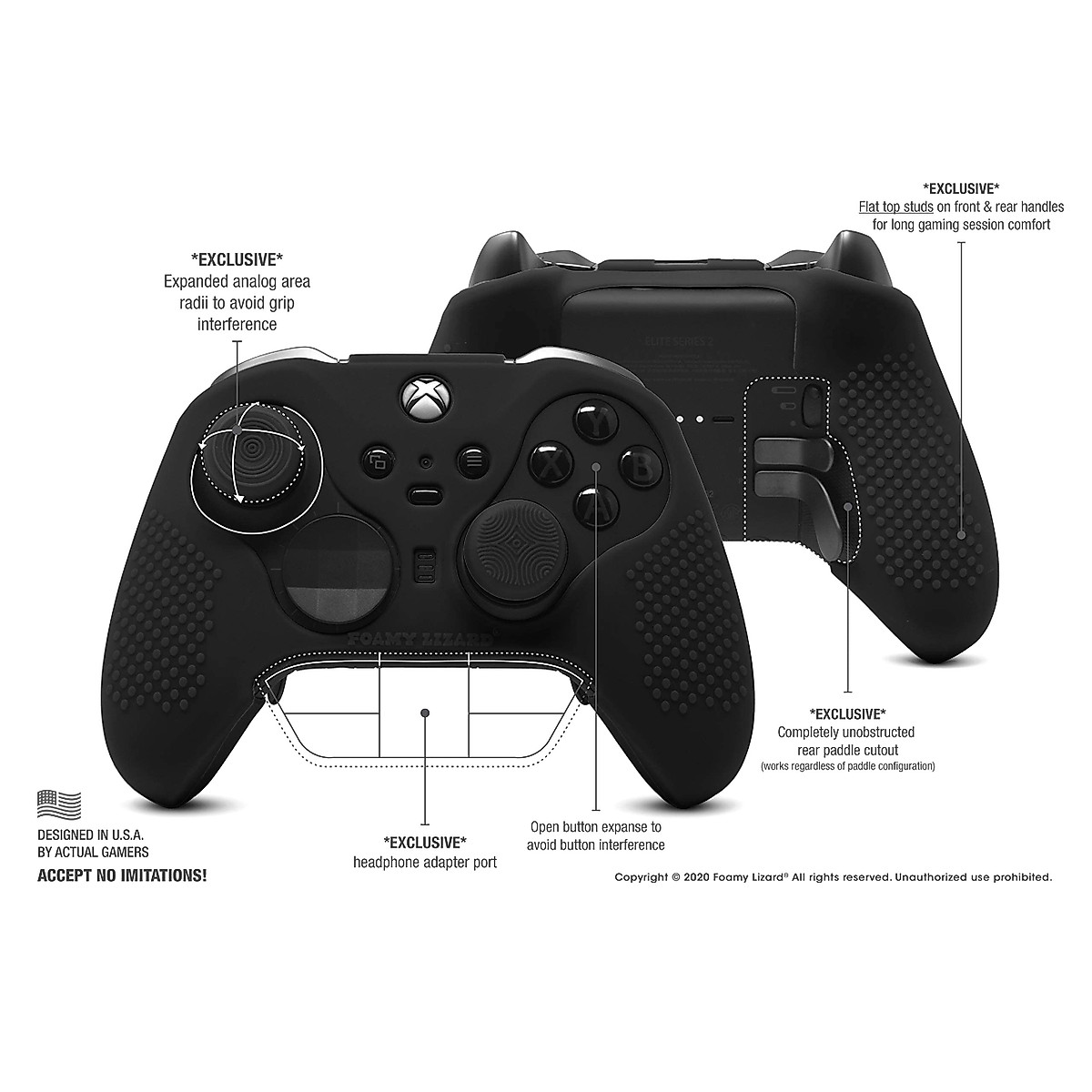 Foamy Lizard Elite Series 2 Studded Grip Skin for Xbox One Elite Series 2 Controller (NOT for Series X/S/Elite 1) Sweat Free Silicone w/Flat Top Anti-slip Studs + 8 QSX-Elite Thumb Grips (Black)
