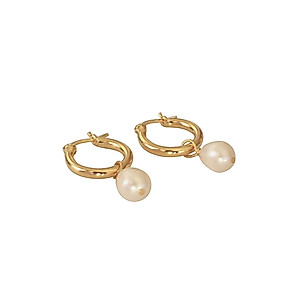 Yellow Gold Plated over Sterling Silver 8x7mm Oval Pearl 14mm Hoop Earrings for women - Small Dainty Hoops | Handmade by MiYa Jewelry creations