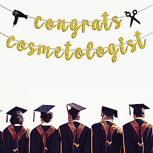 Congrats Cosmetologist Banner, I Will Cut You/Cosmetology School Survivor, 2024 Barber/Hairdresser Graduation Party Decorations Supplies, Gold Glitter