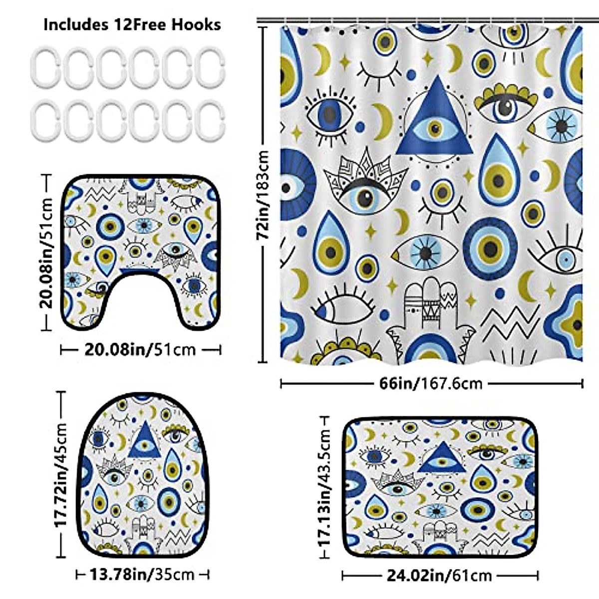 4PCS Abstract Eyes Pattern Shower Curtain Set with Non-Slip Rugs, Toilet Lid Cover and Bath U-Shaped Mat, Bathroom Decor Set Accessories Waterproof Shower Curtain Sets with 12 Hooks
