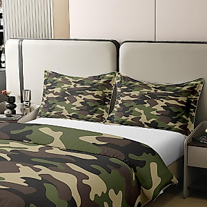 jejeloiu Camouflage Duvet Cover 100% Cotton Camo Bedding Set Set Military Style Rugs for Living Room Camouflage Print Green Brown Comforter Cover Set Bedspread Cover Queen Size