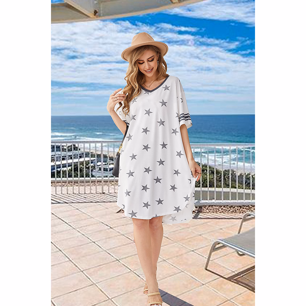 ft FENTENG Nightgowns for Women Sleepwear Loose Short Sleeve Nightdress V Neck Nightgowns Sleepshirts Comfy Nightshirt S-3XL (White, L)