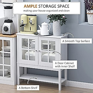 HOMCOM Coffee Bar Cabinet, Modern Sideboard Buffet Cabinet, Kitchen Cabinet with 2 Glass Doors, Adjustable Inner Shelving and Bottom Shelf, White