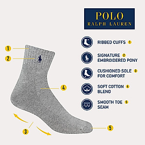 Polo Ralph Lauren Men's Classic Sport Solid Socks 6 Pair Pack - Cushioned Cotton Comfort, White, 6-12.5