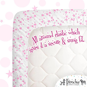 Frenchie Mini Couture Fitted Crib Sheets 100% Woven Cotton Fits Toddler Mattress, Pink Stars, 28 x 52inx8in, 2-Pack