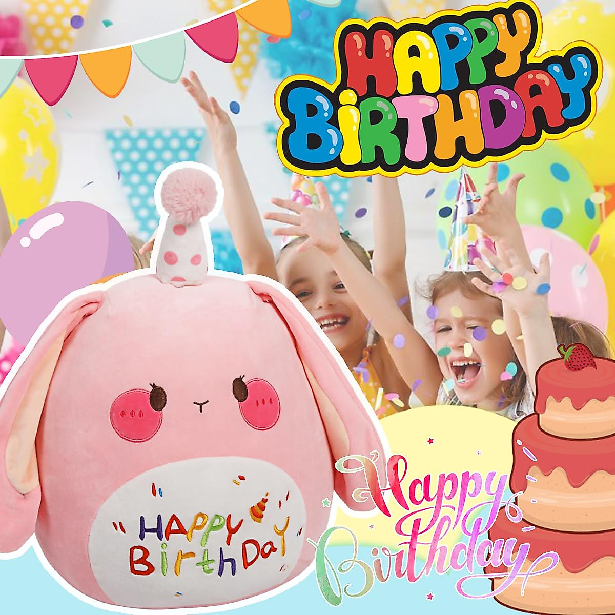 ARELUX Large 18in Cute Bunny Cuddle Plush Soft Bunny Stuffed Animal Birthday Pillow Kids Huggable Rabbit Plushie Toy Big Size Happy Birthday Party Decoration Plushies Gift for Friends Boys Girls Pink