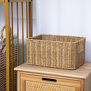 YRMT Rattan Storage Basket Pantry Basket with Built-in Handles Wicker Basket for Organizing Shelves Waterproof Woven Basket Nature 12” x 8” x 6”