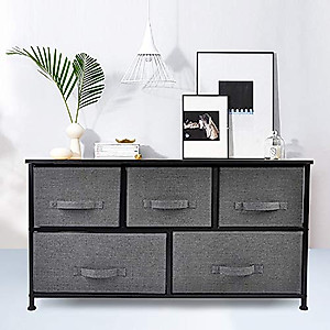 CERBIOR Wide Drawer Dresser Storage Organizer 5-Drawer Closet Shelves, Sturdy Steel Frame Wood Top with Easy Pull Fabric Bins for Clothing, Blankets - Charcoal
