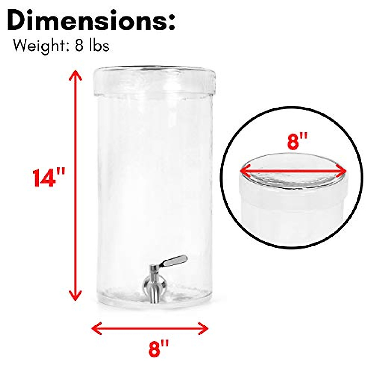 BIRDROCK HOME 1.5 Gallon Beverage Dispenser with Lid - Hammered Glass - Stainless Steel Spigot - Decorative Round Jar for Drinks - Lemonade Sangria Tea Water Drink Jar Jug - Home Parties