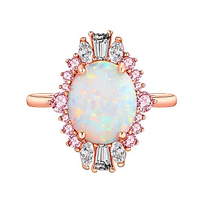 LAZLUVU White Opal Ring Oval Cut Created Opal Solitaire Engagement Wedding Rings with Cubic Zirconia Promise Ring Jewelry For Women
