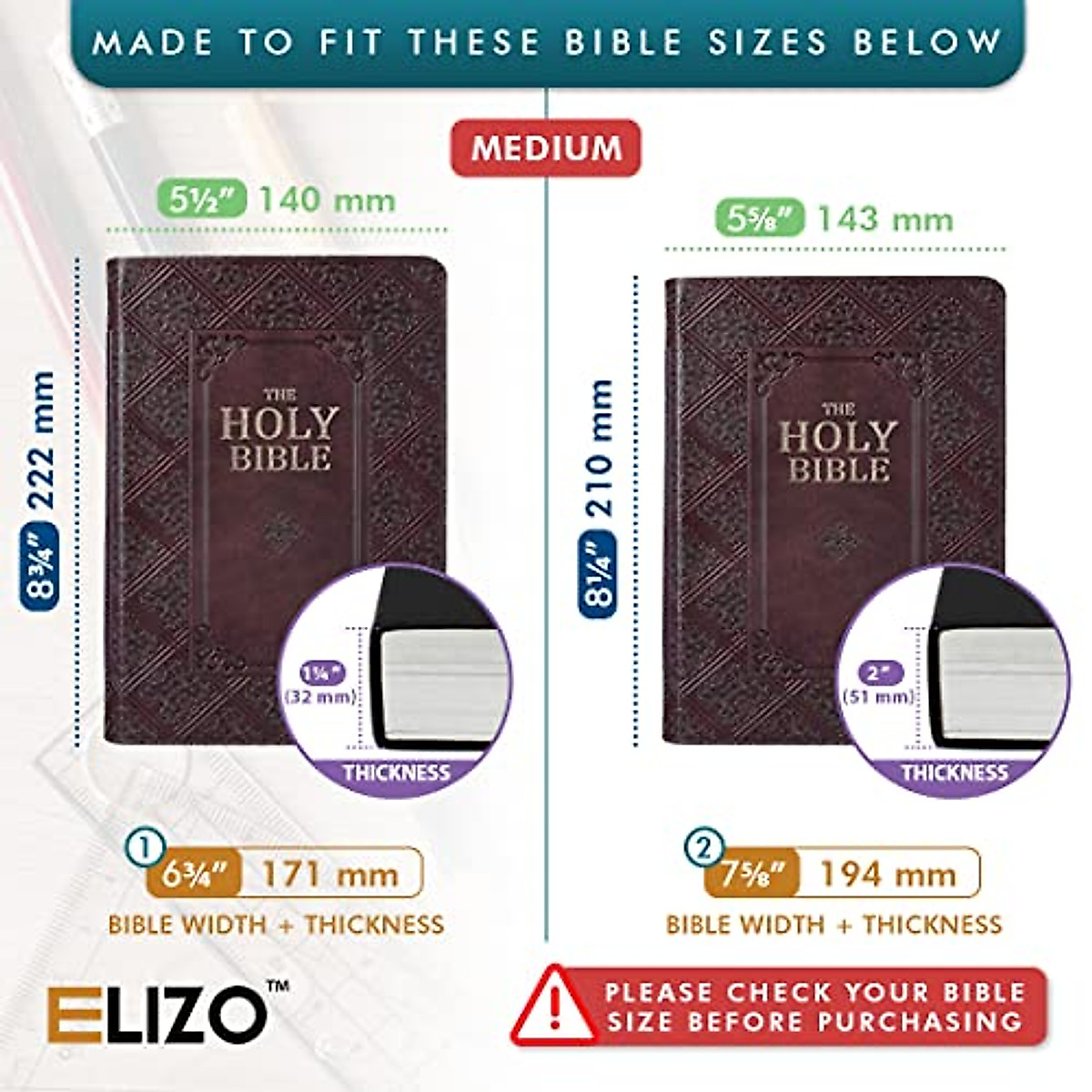 ELIZO Leather Bible Cover for Men Bible Case for Men Medium Leather Bible Covers for Women Bible Bag Mens Bible Cover Book Cover Bible Holder Bible Wrap Around Strap Bible Cover Gifts Carrying Case