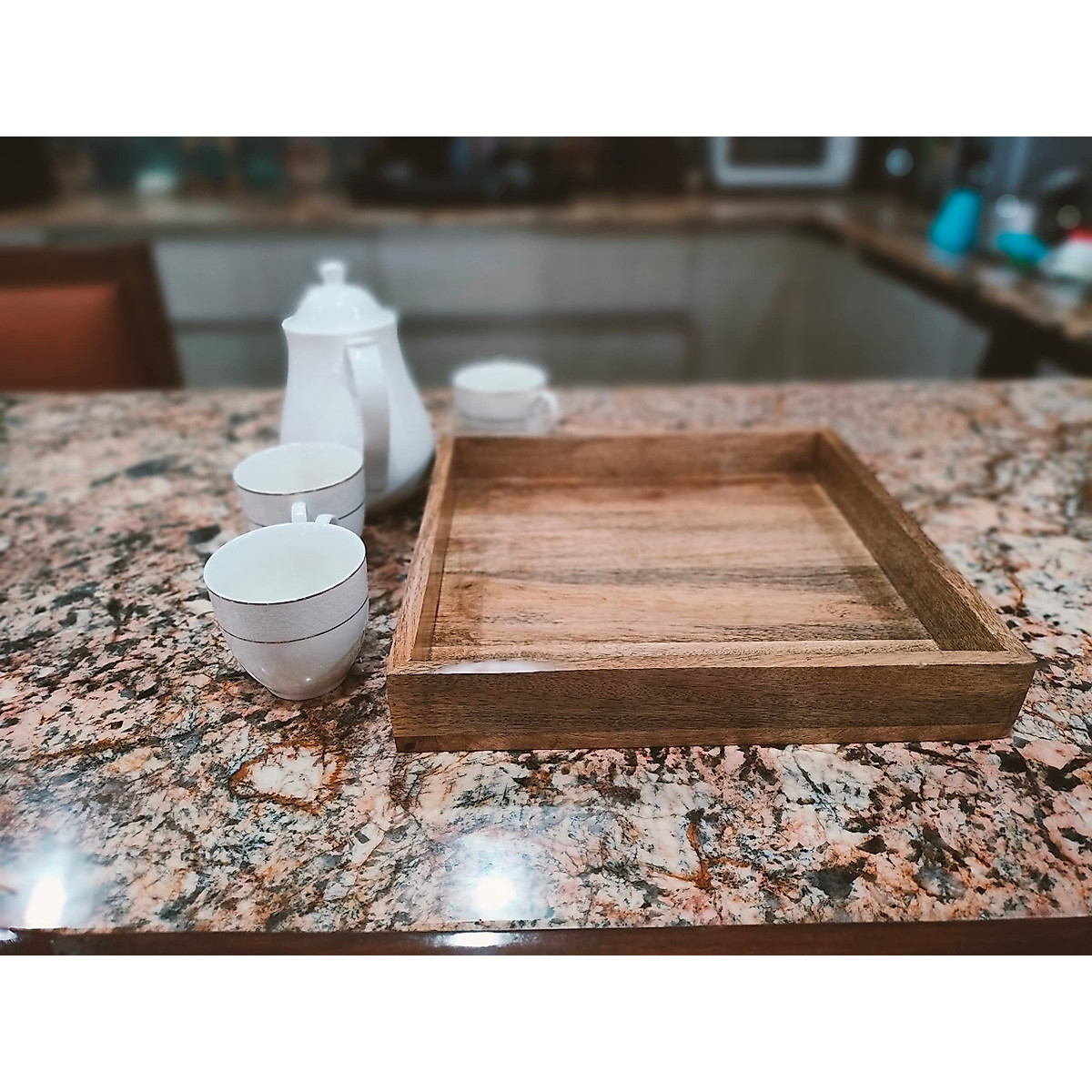 Natural Brown Wood Large Square Shaped Rustic Wooden Serving Tray Farmhouse Decor Square Top Breakfast Trays Tea Cheese Board Coffee Table
