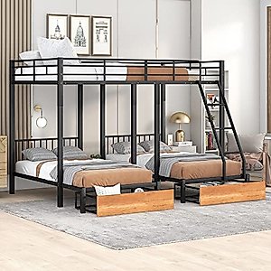 Metal Triple Bunk Bed Full Over Twin & Twin, Full Over Twin & Twin Bunk Bed with Storage Drawers, 3 Bunk Beds/Convertible Into 3 Beds, Metal Triple Bunk Beds for Kids,Teens, Girls(Black)