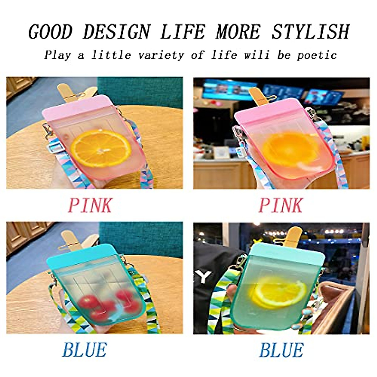Cute Water Bottles with Straws,Creative Kawaii Popsicle Ice Cream Drink Water Bottles, Leakproof Plastic Transparent Water Jug 300ml Suitable for Kids Adults (pink)