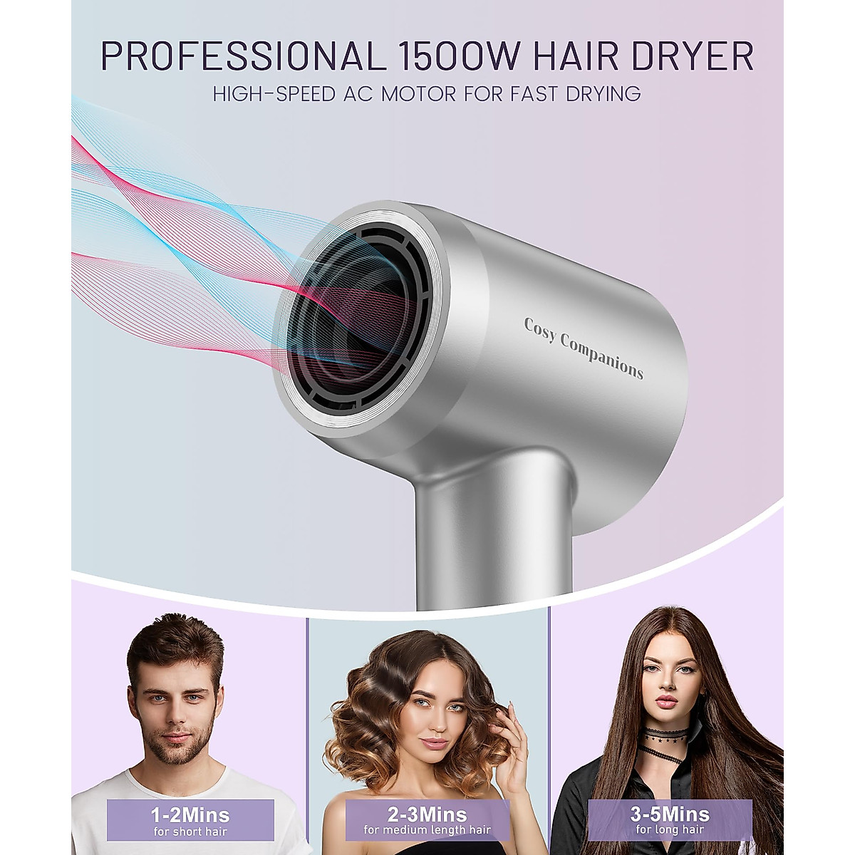 Hair Dryer - 150000 RPM High-Speed Brushless Motor Negative Ionic Blow Dryer for Fast Drying, Low Noise Thermo-Control Hair Dryer with Diffuser and Nozzle, Silvery