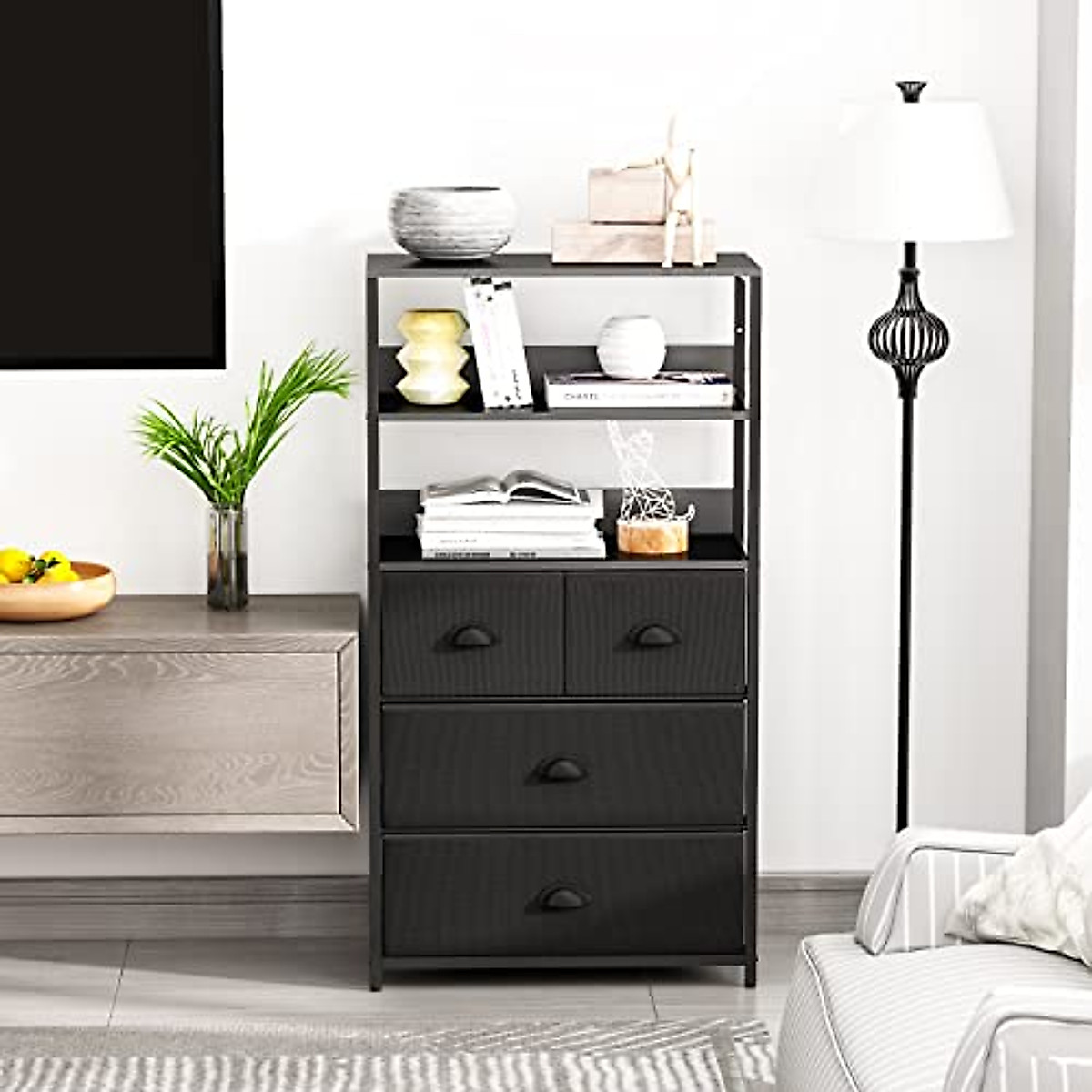 Furologee Black Vertical 4 Drawer Dresser Organizer with 3-Tiers Wood Shelf and Dresser 8 Drawers with Double Shelf Storage Organizer Unit for Bedroom/Living Room/Entryway