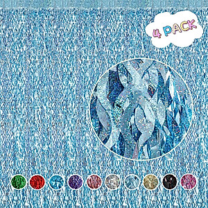 4 Pack Light Blue Party Foil Curtain - CYLMFC 3.3 ft x 6.6 ft Wavy Photo Booth Backdrop Metallic Tinsel Foil Fringe Curtains Environmental Background for Birthday Wedding Party Christmas Decorations