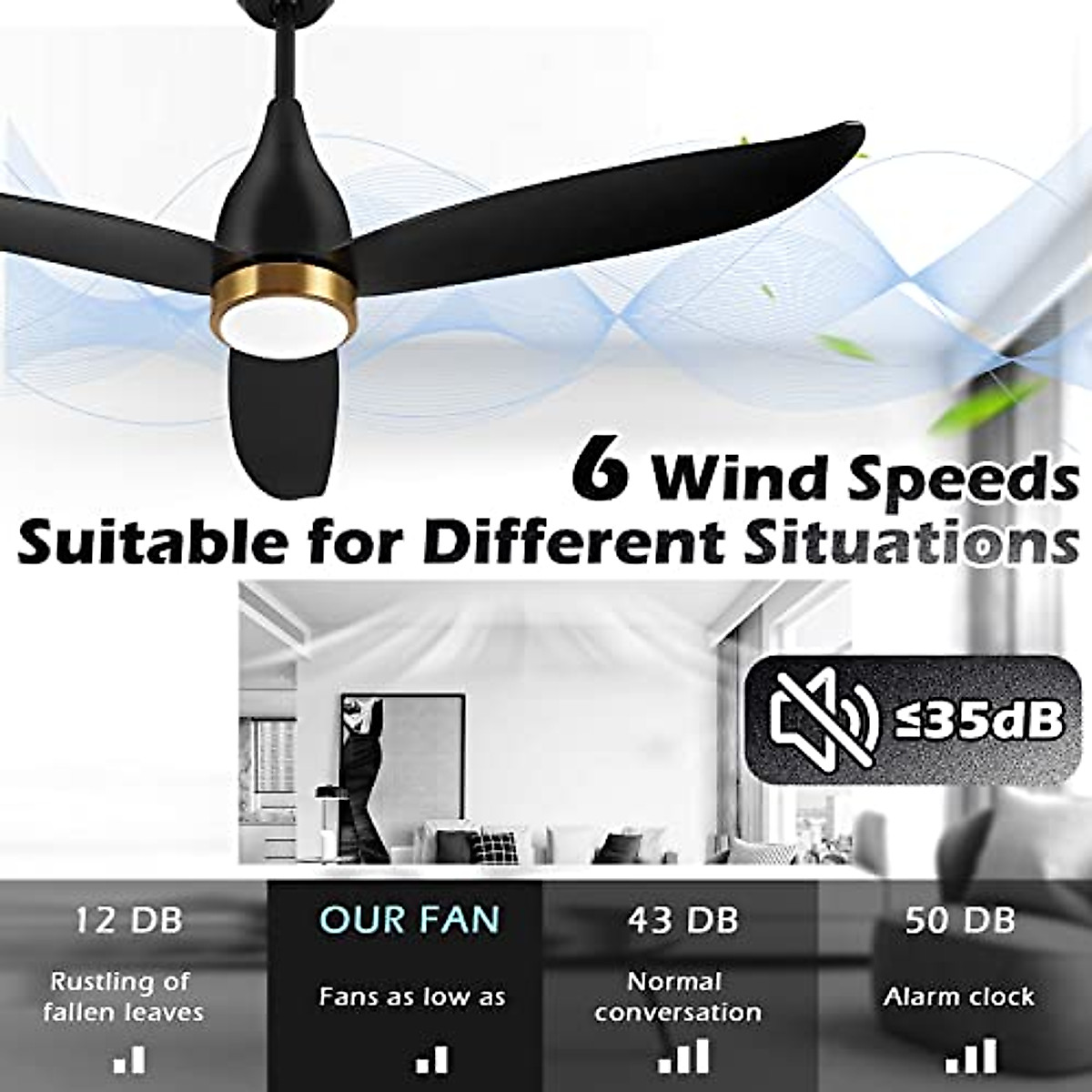 LEEAGLEGRY 52 Inch Black Ceiling Fan with Lights and Remote, Black and Gold Ceiling Fans with Dimmable LED Light, 3 Blade Modern Fan, Quiet DC Motor Tri-Color for Bedroom Living Dining Room