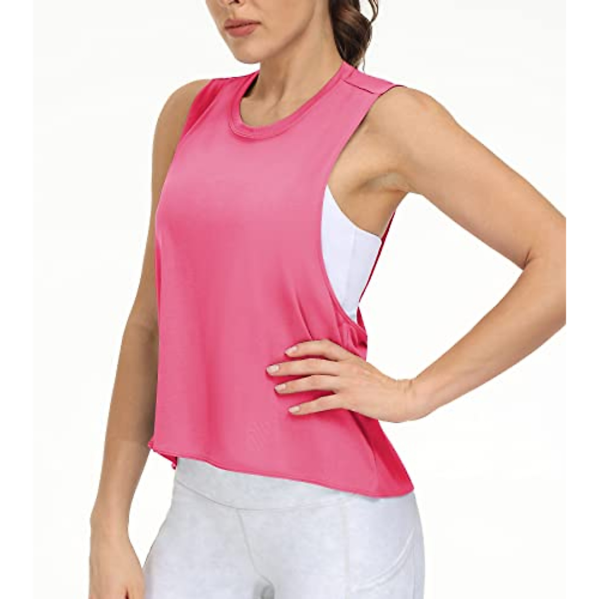 THE GYM PEOPLE Women's Open Cross Back Workout Tank Tops Loose Fit Sleeveless Yoga Running Shirts Bright Pink