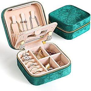 Fixwal Travel Jewelry Case with Mirror, Small Jewelry Organizer Box Plush Velvet for Women Girls Rings Earrings Necklaces Bracelet - Green